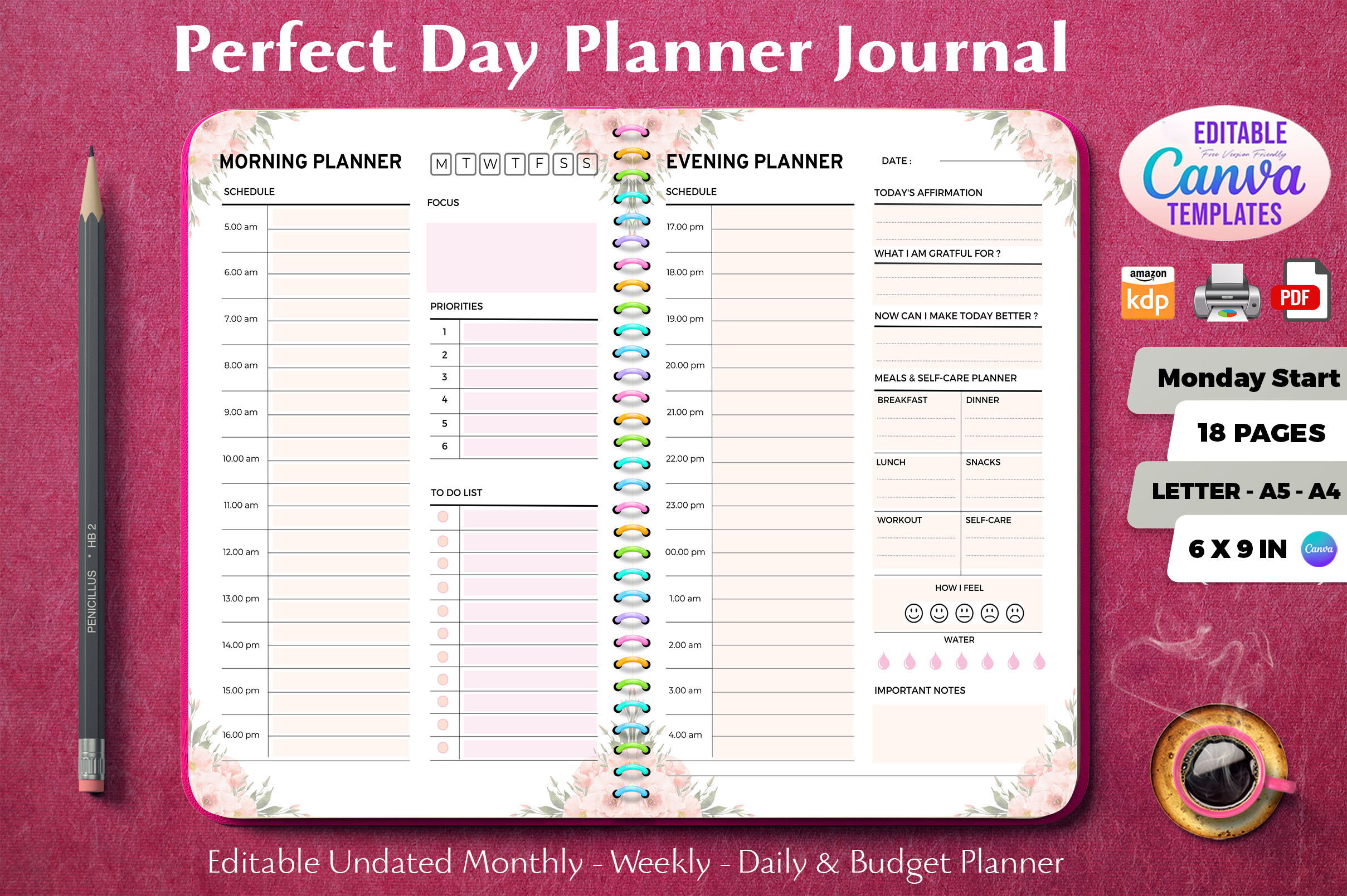 Perfect Day Planner Printable / Editable Canva Templates / Hourly ...