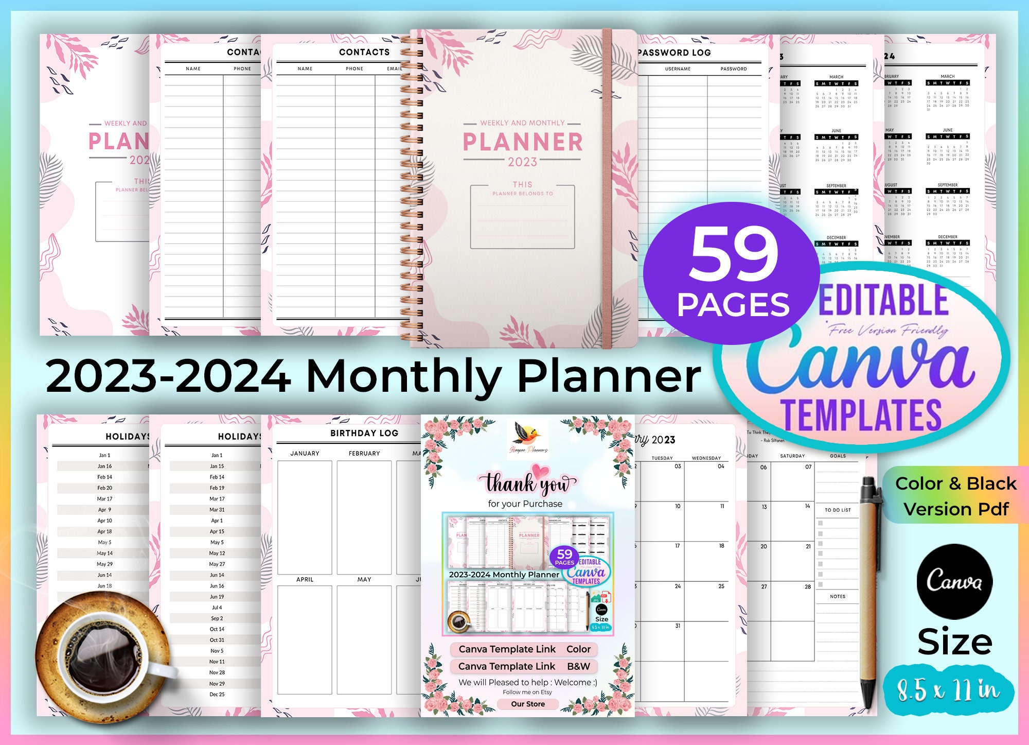 2023-2024 Monthly Planner CANVA Template / Dated Monthly Weekly Daily ...
