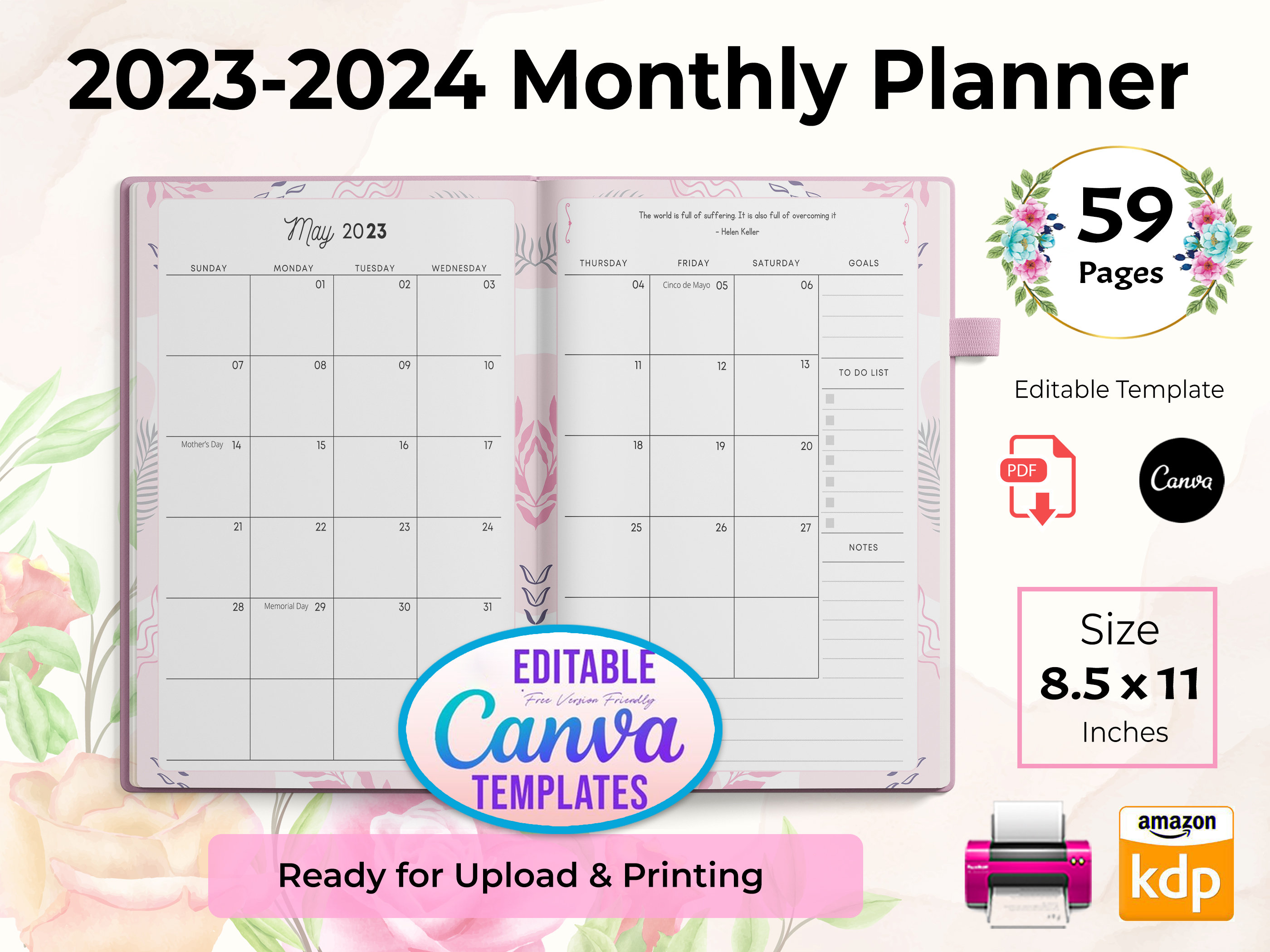 2023-2024 Monthly Planner CANVA Template / Dated Planner / Kdp ...