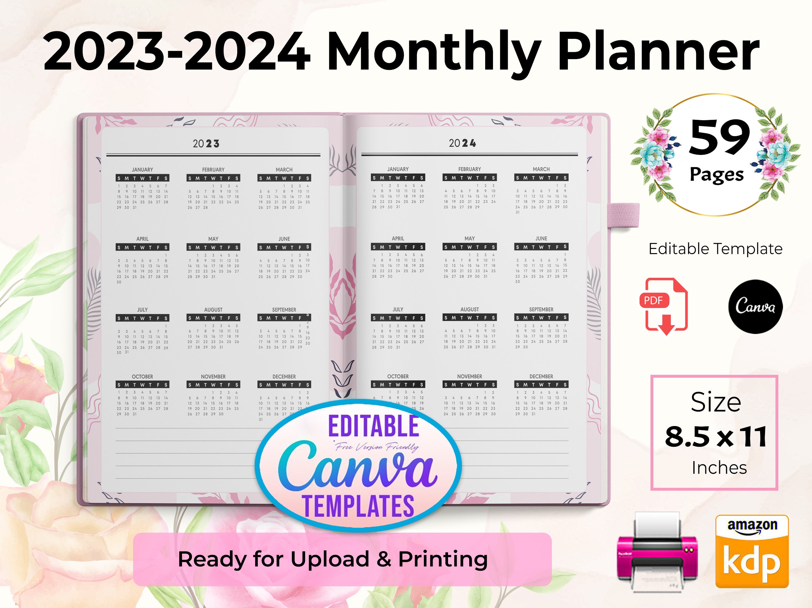 2023-2024 Monthly Planner CANVA Template / Dated Planner / Kdp ...
