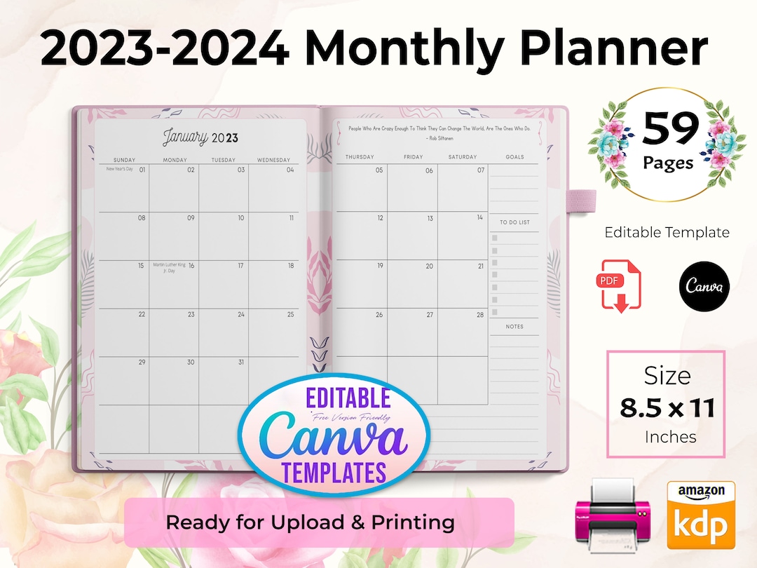 2023-2024 Monthly Planner CANVA Template / Dated Planner / Kdp ...