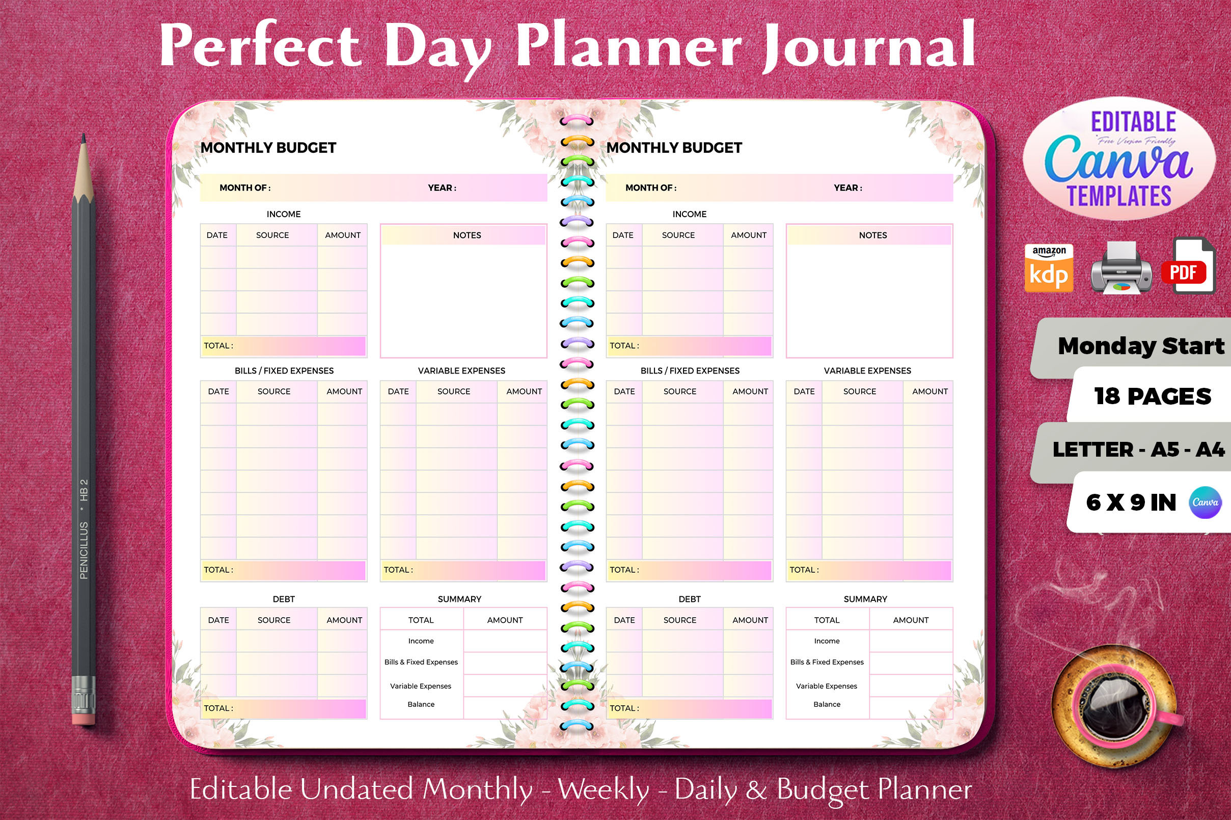 Perfect Day Planner Printable / Editable Canva Templates / Hourly ...