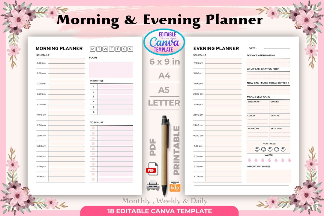 Morning & Evening Journal Planner Printable / Editable Canva Templates ...