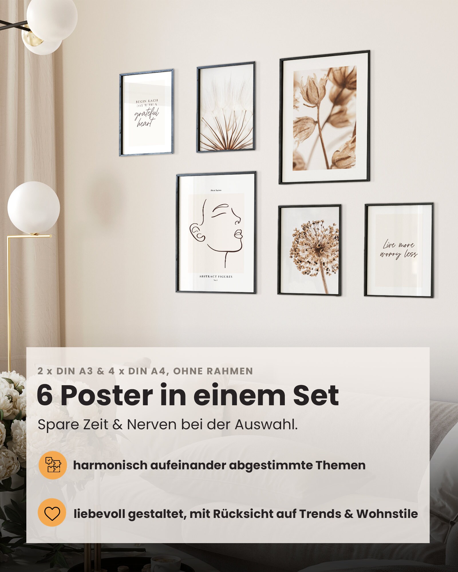 MUUDLY® Premium Poster Set Blumen Line Art Beige 6er Set - Etsy.de