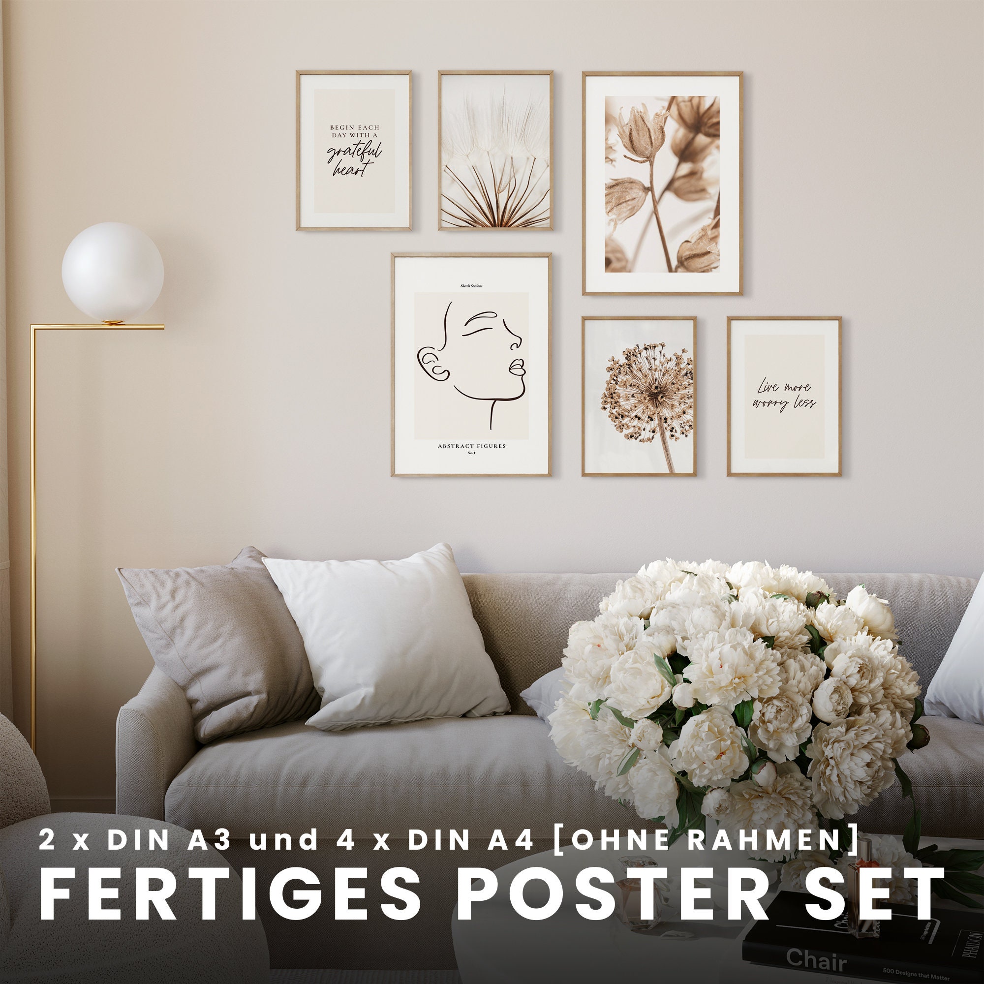 MUUDLY® Premium Poster Set Blumen Line Art Beige 6er Set | Etsy