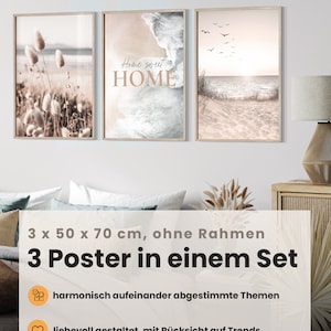 MUUDLY® 3er Poster Set 50x70 cm | Strand, Pampasgras | Wanddeko für Wohnzimmer und Schlafzimmer ...