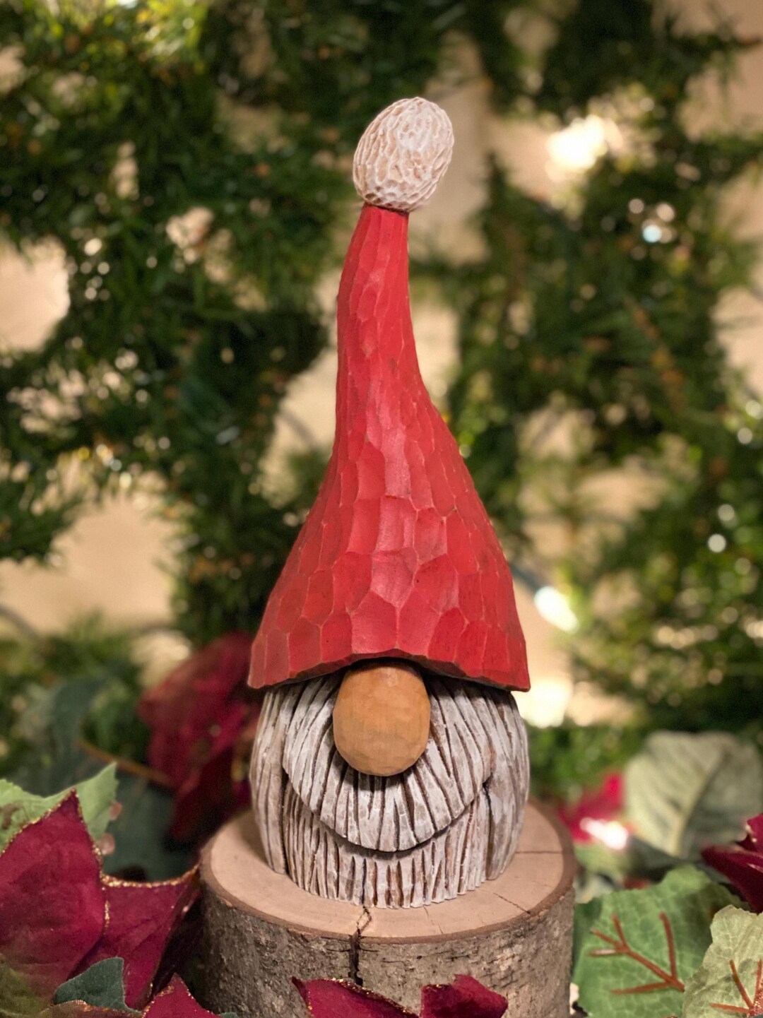 Hand Carved Jolly Christmas Gnome - Unique Dazzling Woodcarving - Folk ...
