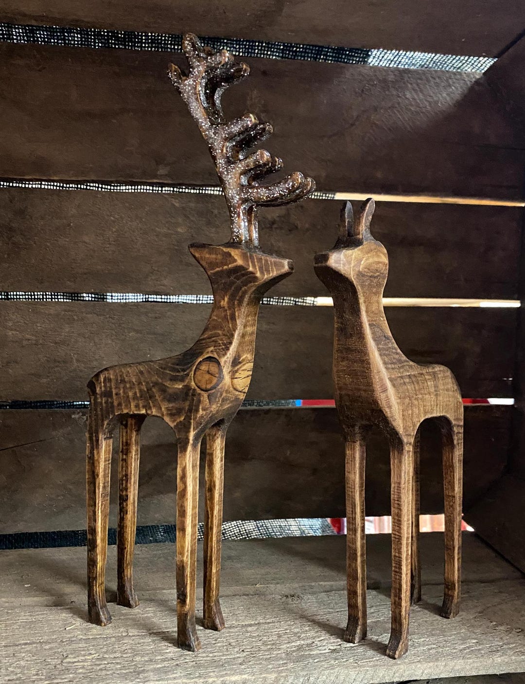 Stylishly Slender Handmade Folk-art Wooden Buck and Doe Deer Figures ...