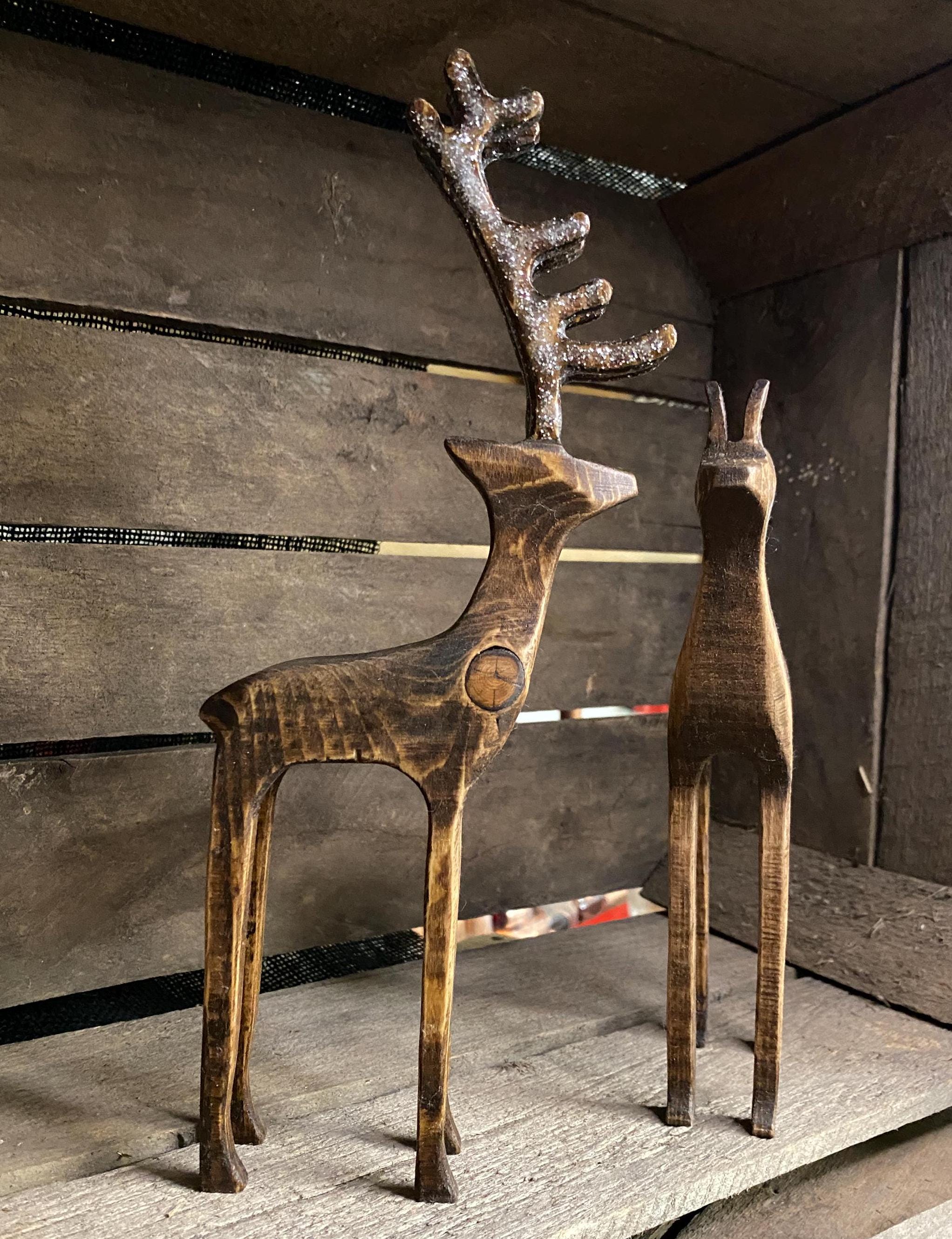 Stylishly Slender Handmade Folk-art Wooden Buck and Doe Deer Figures ...
