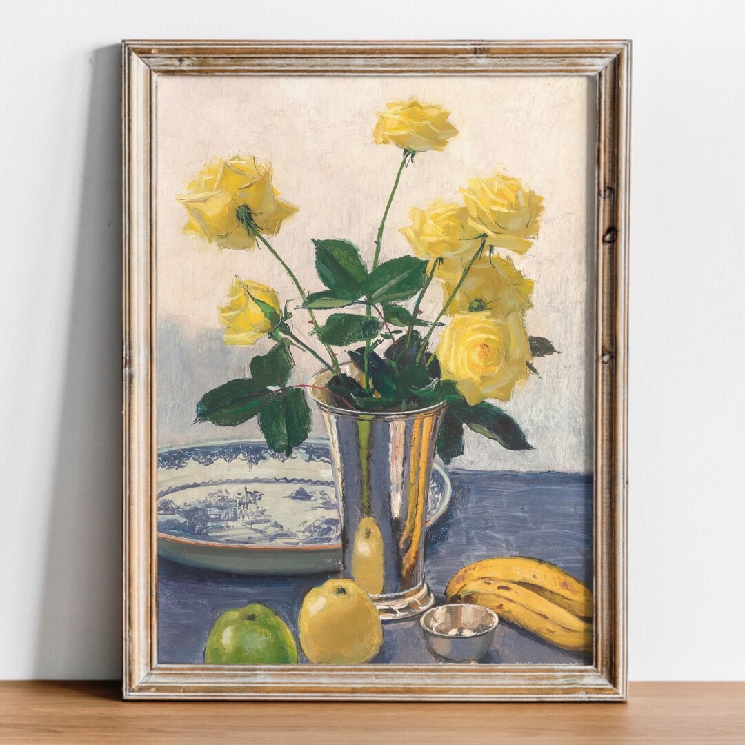 Vintage Still-life With Yellow Roses and Fruit, High Quality Fine Art ...