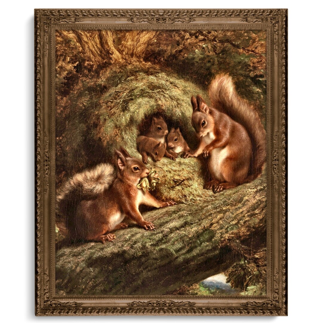 A Scurry of Squirrels, Cute Antique Squirrel Painting, High Quality Art ...