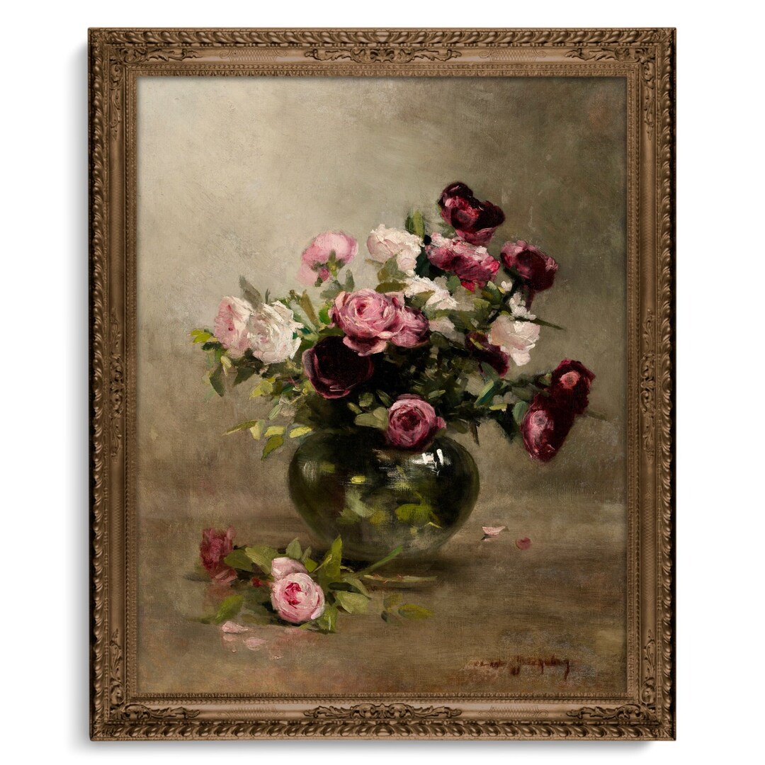 Victorian Purple and Pink Roses Still Life, Antique Flower Painting ...