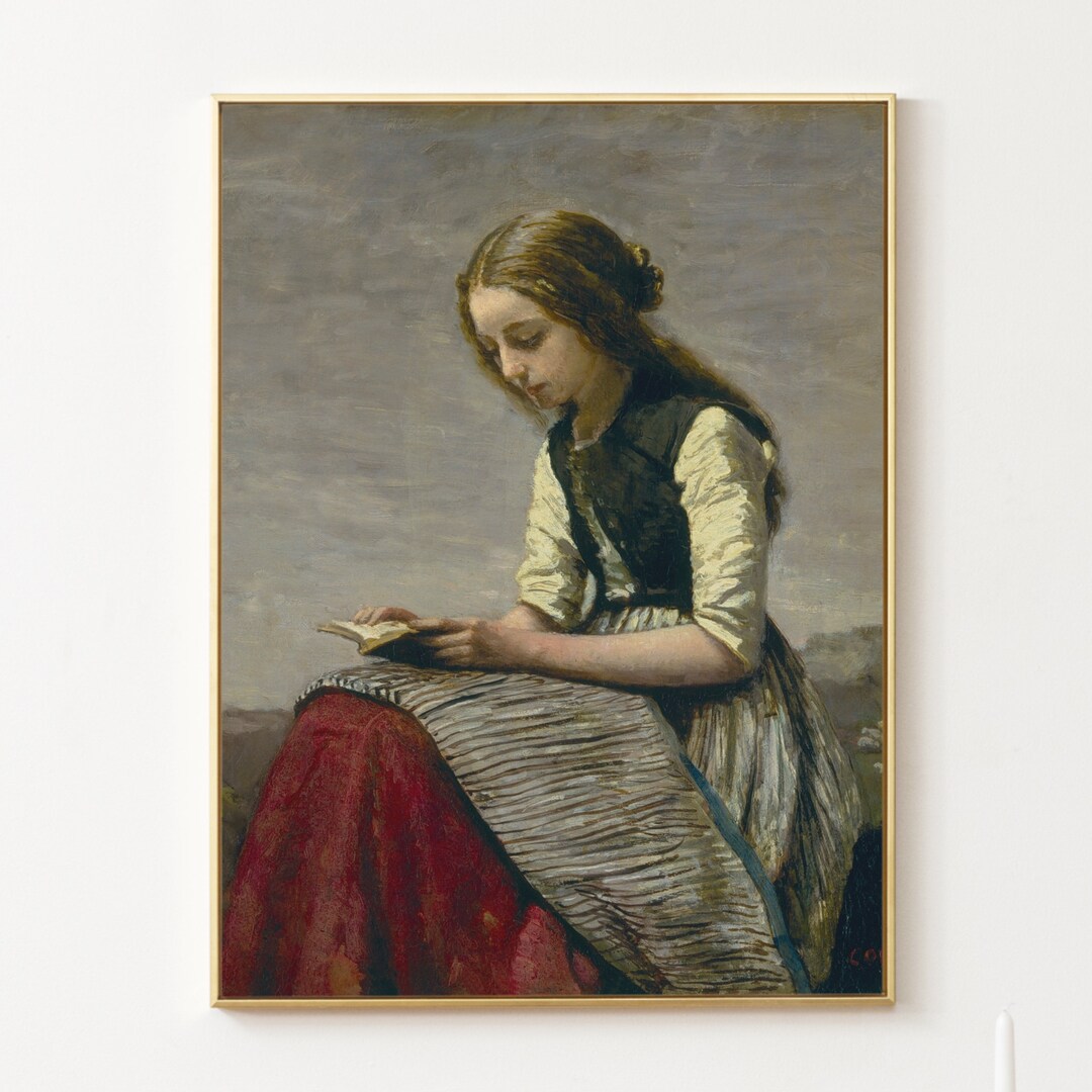 Victorian Girl Reading a Book, Camille Corot, High Quality Fine Art ...