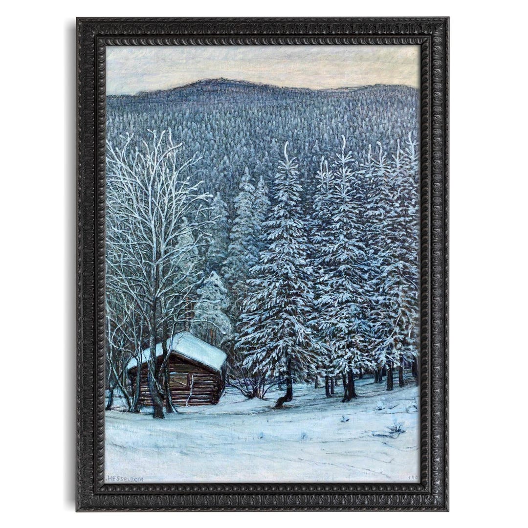 Snowy Landscape With Cabin in the Woods, Vintage Winter Landscape ...