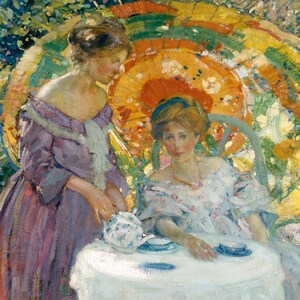 Afternoon Tea, Edwardian Impressionist Painting, Two Women, Colorful ...