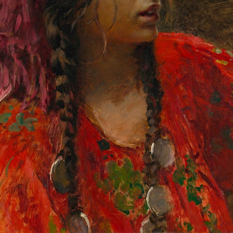 Beautiful Gypsy Girl in Red With Braids, Gypsy Traveller Painting, Roma ...
