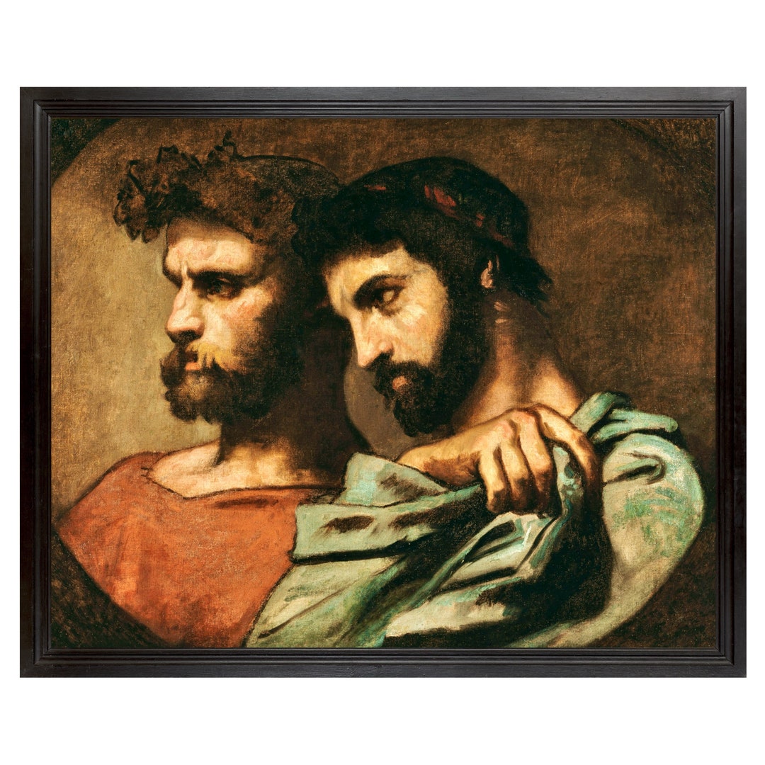 The Two Philosophers, Moody Dark Brooding Bearded Men Antique Painting ...