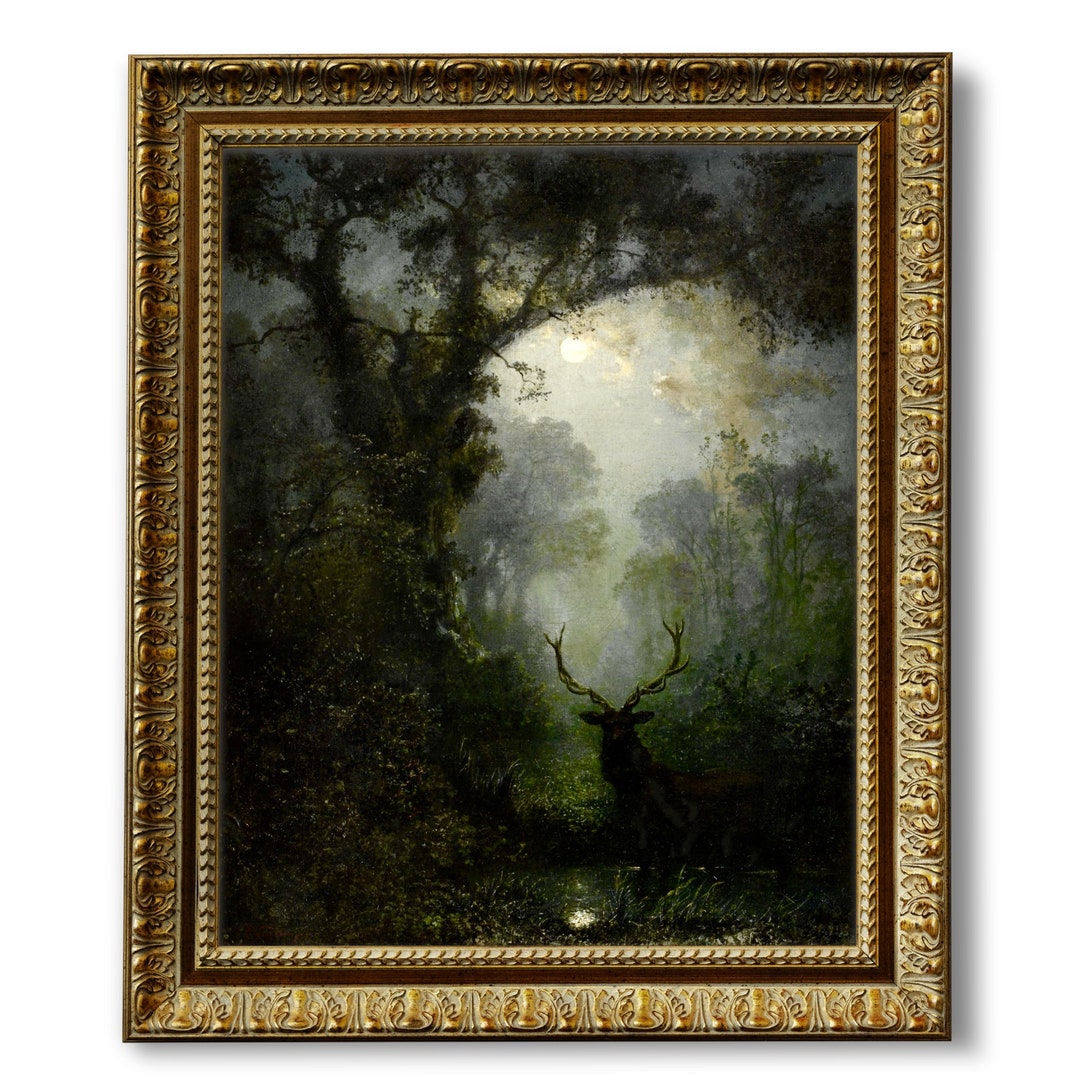 Stag, Dark Moonlit Night Art Print, Pagan Celtic Art, Mysterious Dark ...