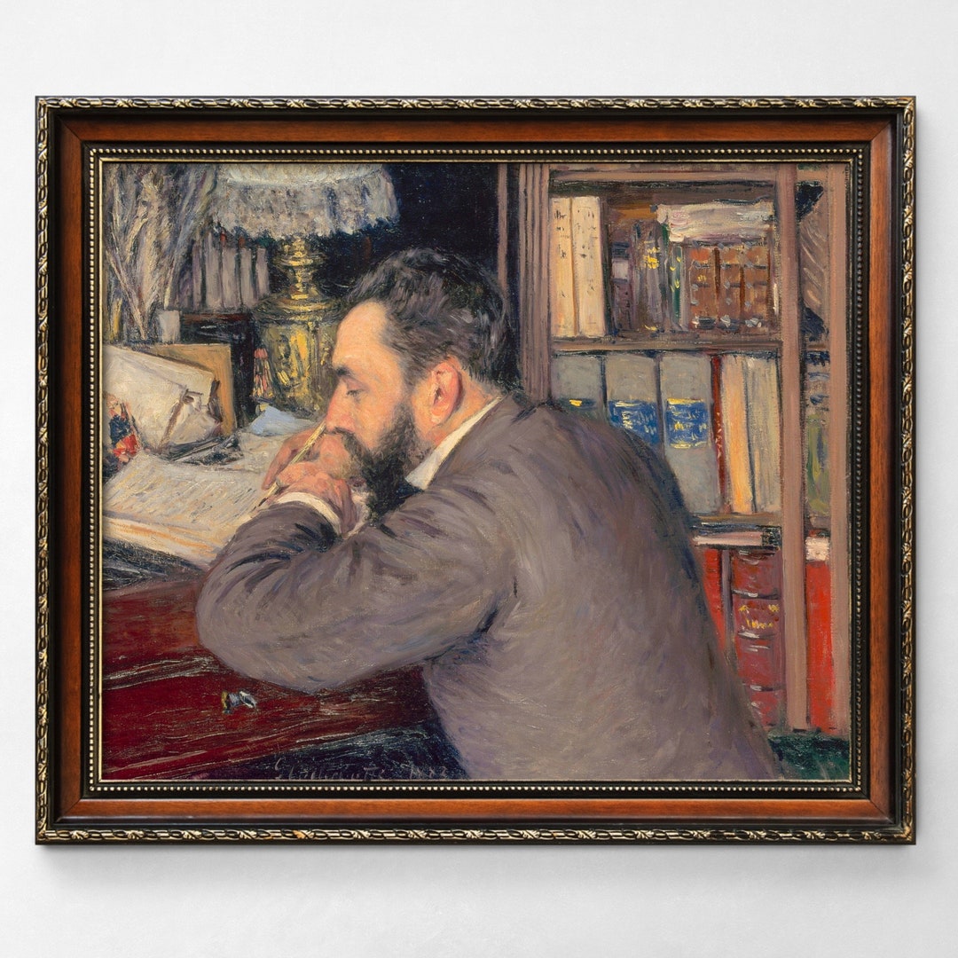 Antique Painting Man at Desk, Writer Art, Handsome Bearded Man, Library ...