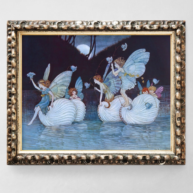Vintage Antique Fairy Art Fairies on Shell Boats at Night - Etsy
