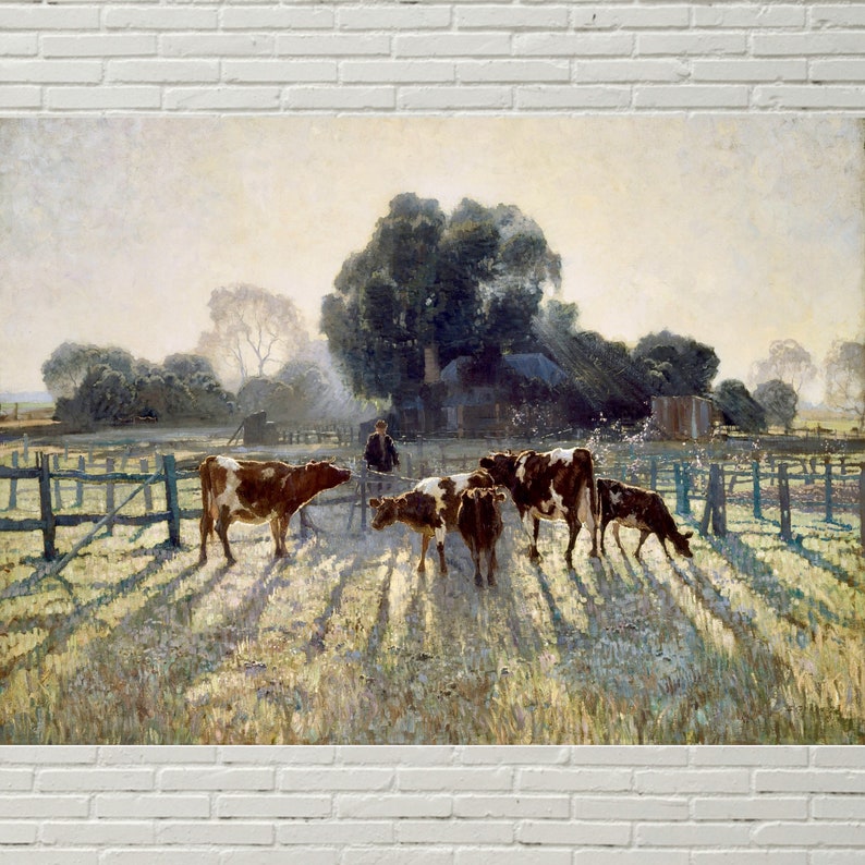 Spring Frost, Vintage Landscape With Cows, Cow Painting, High Quality ...