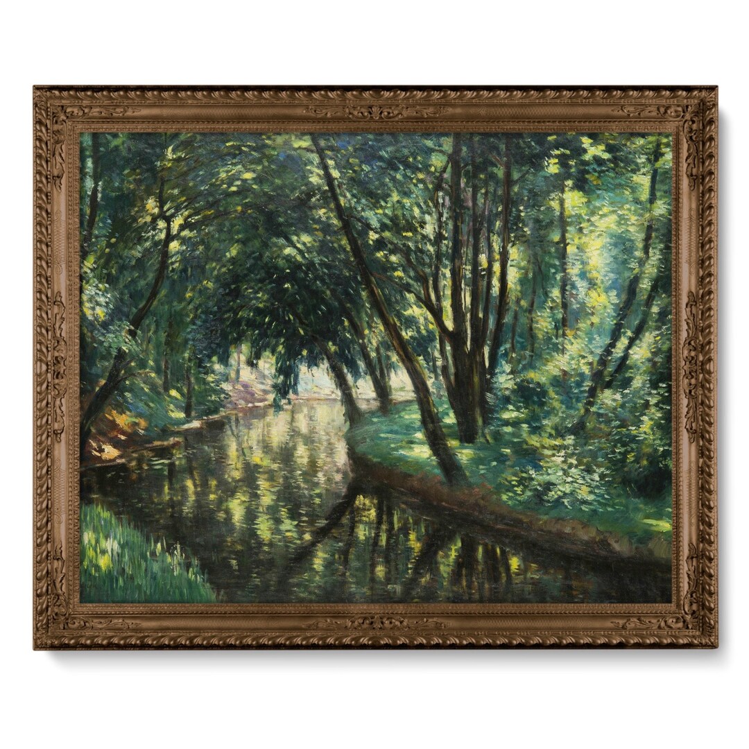 Vintage Impressionist Forest Landscape With River and Dappled Sunlight ...