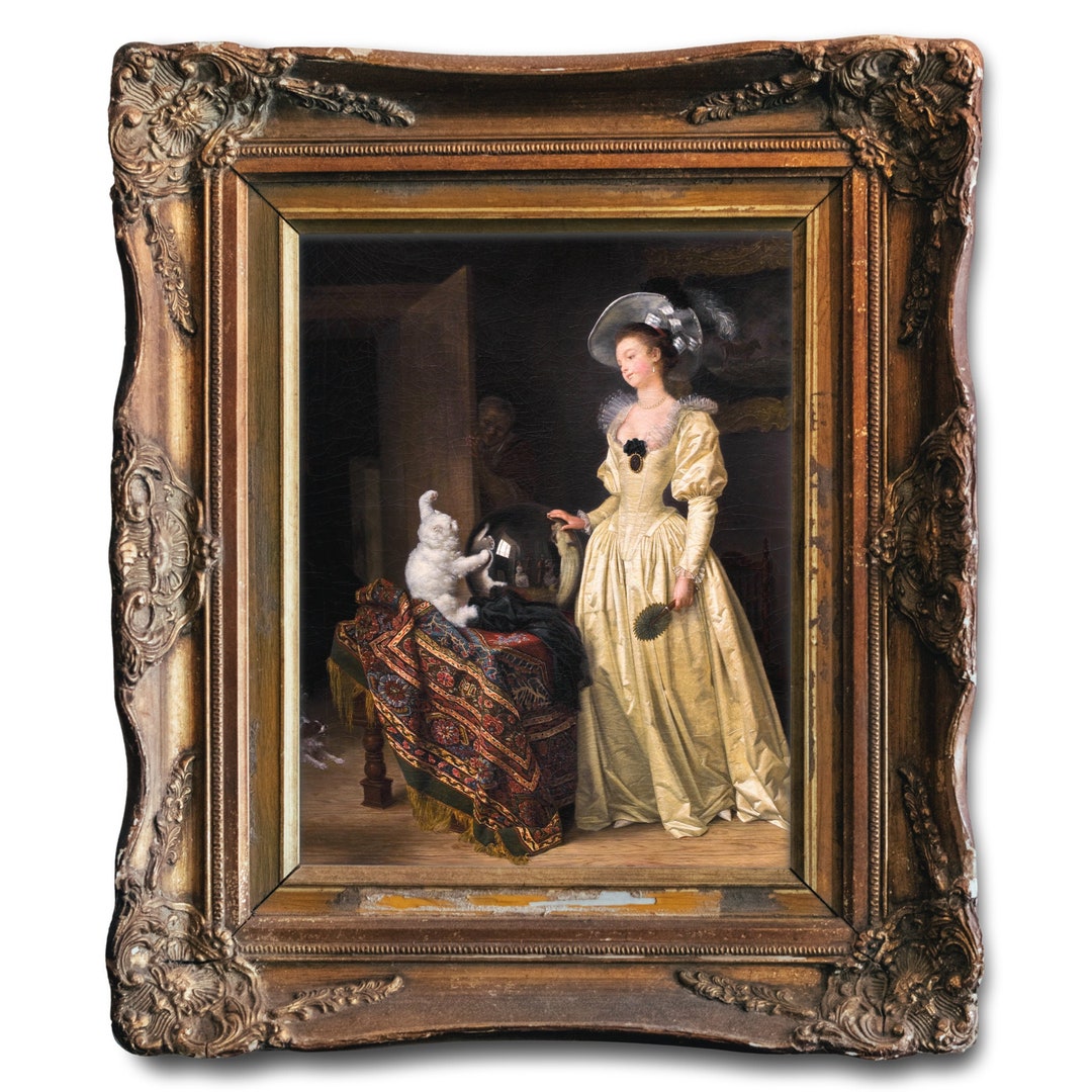 Rococo Crazy Cat Painting, White Cat Antique Art, High Quality Fine Art ...
