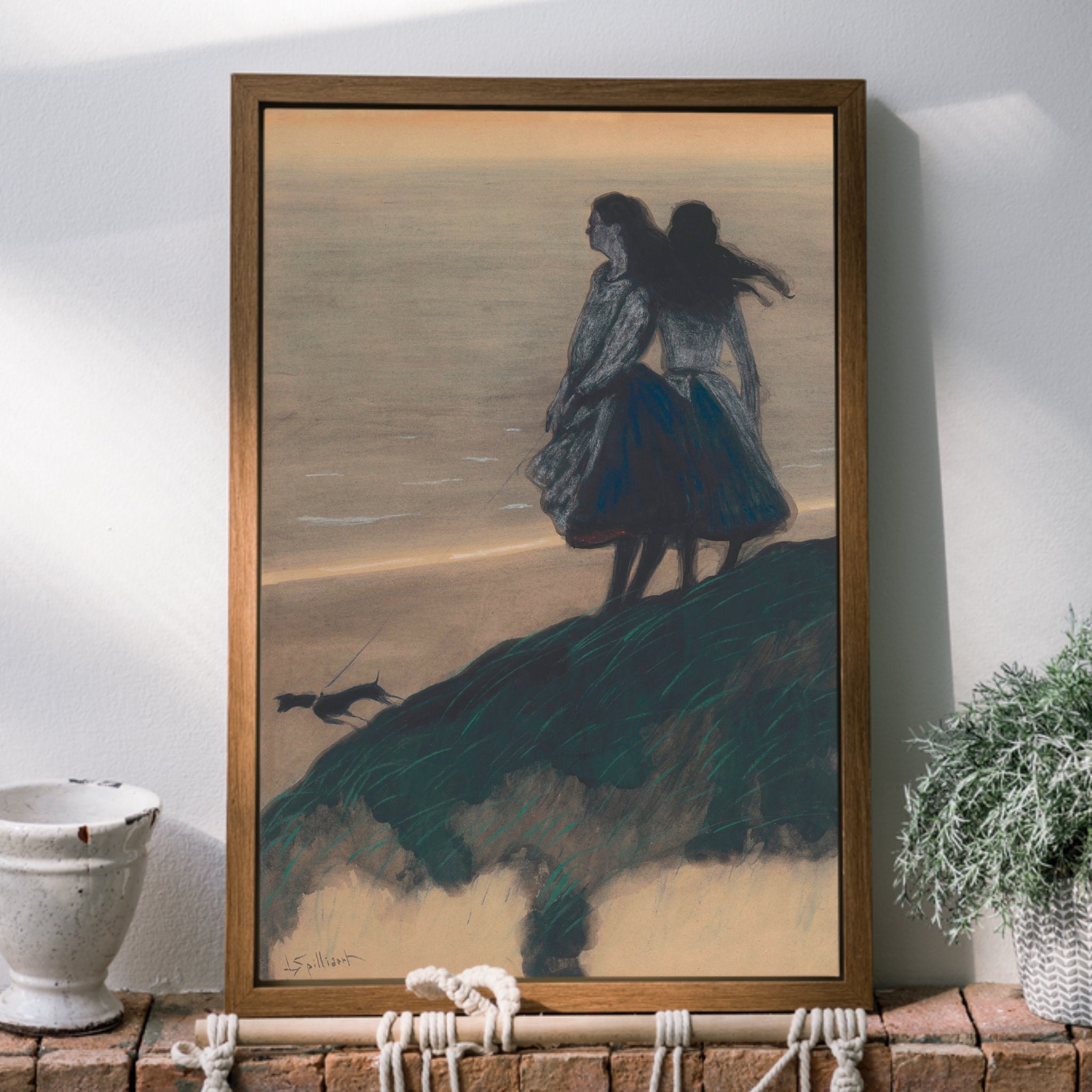 Vintage Beach Painting, Girls on a Dune, Coastal Sand Dune Art, High ...