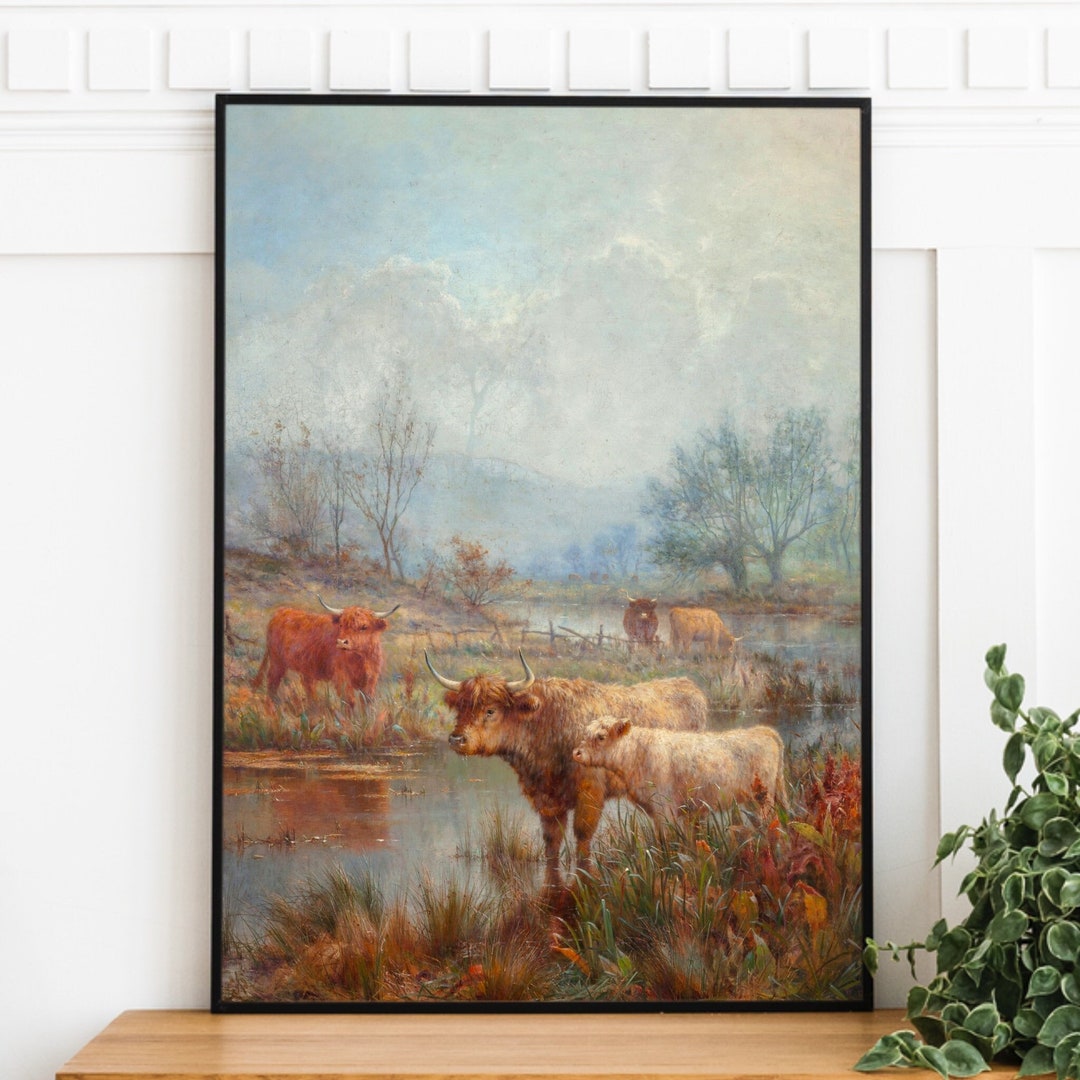 Highland Cows in a Scottish Landscape, Antique Vintage Painting, High ...