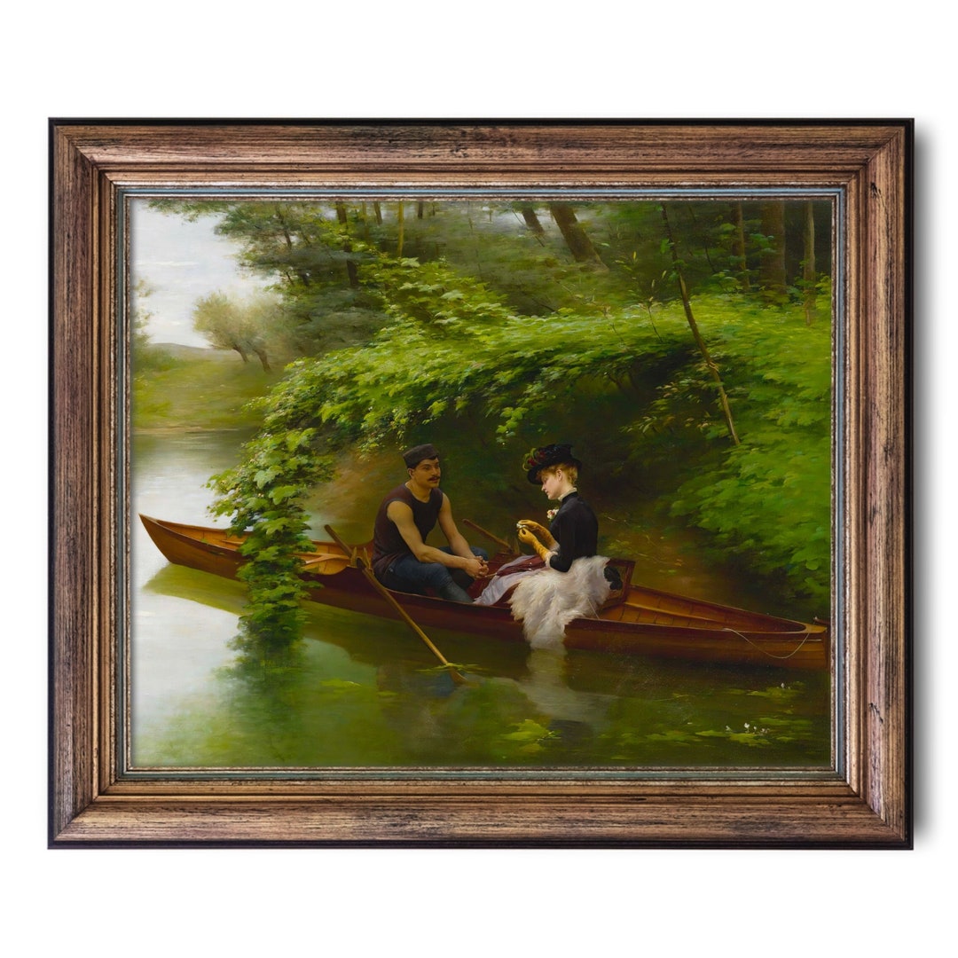 Romantic Antique French Belle Epoque Victorian Art, Couple in a Boat ...
