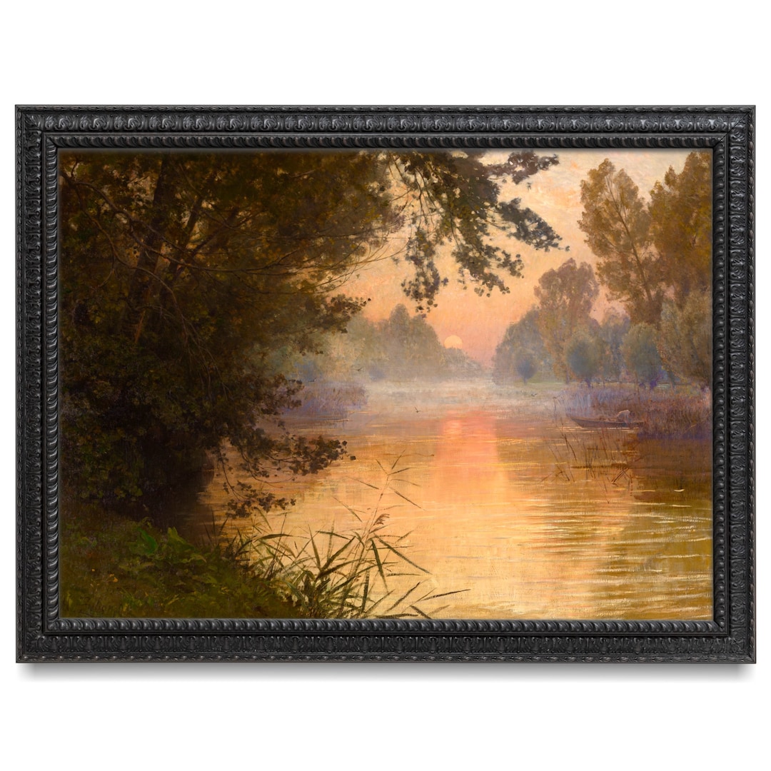 Dark Moody Landscape, Evening Orange Sunset Art Print, French Antique ...