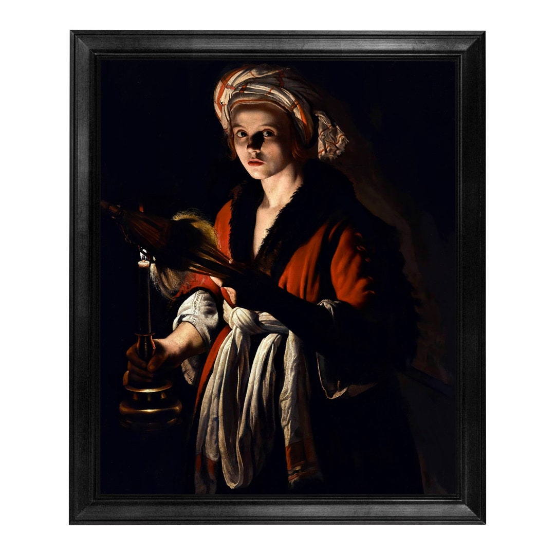 Renaissance Woman in Candlelight, Dramatic Shadowy Painting, High ...