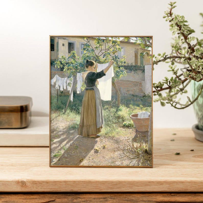 A Sunny Day, Laundry Room Art, Clothes on a Clothesline, Country ...