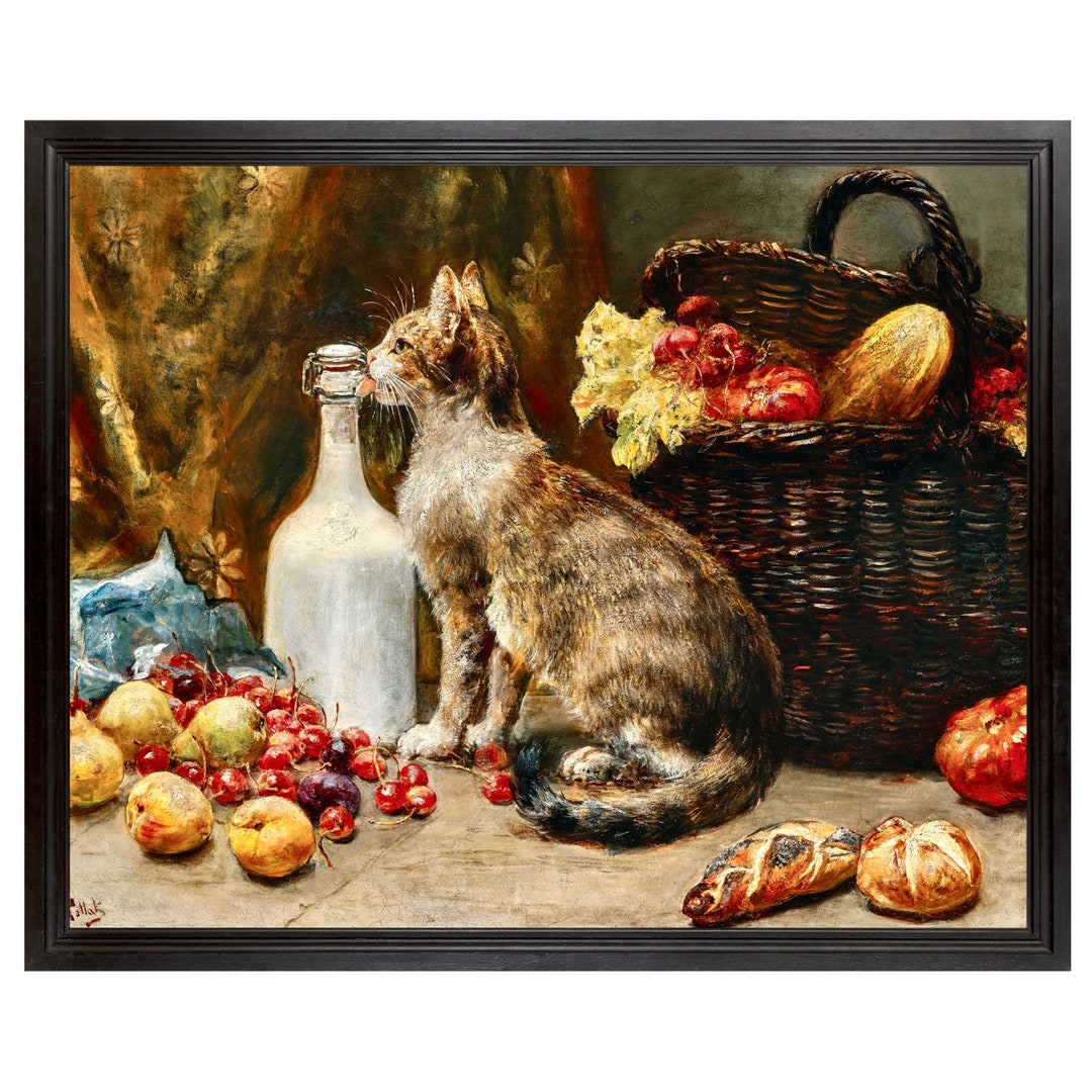 Victorian Still Life With Cat, Fruits and Vegetables Painting Art Print ...