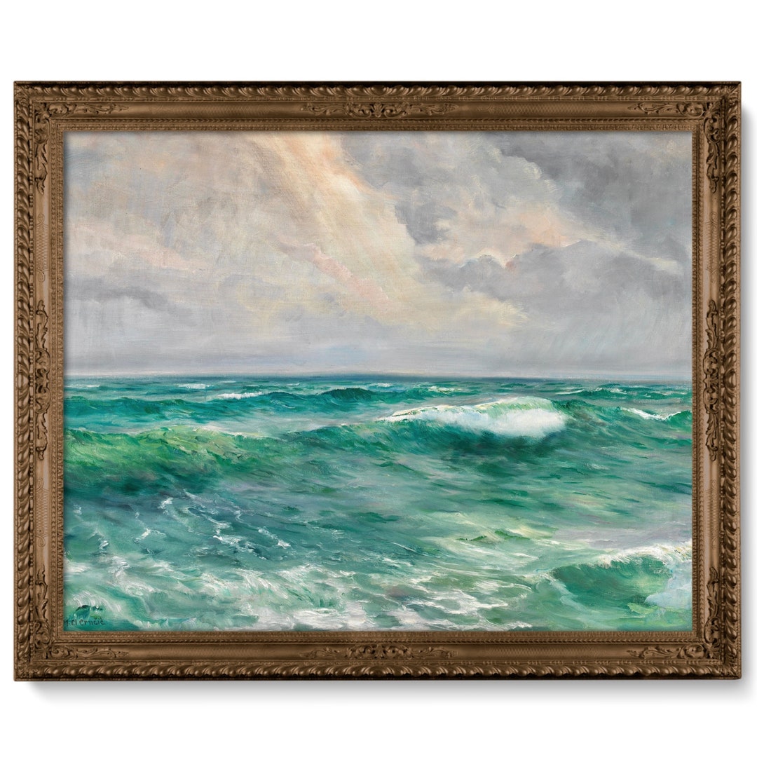 Seascape With Ocean Waves and Clouds, Antique Italian Landscape, High ...