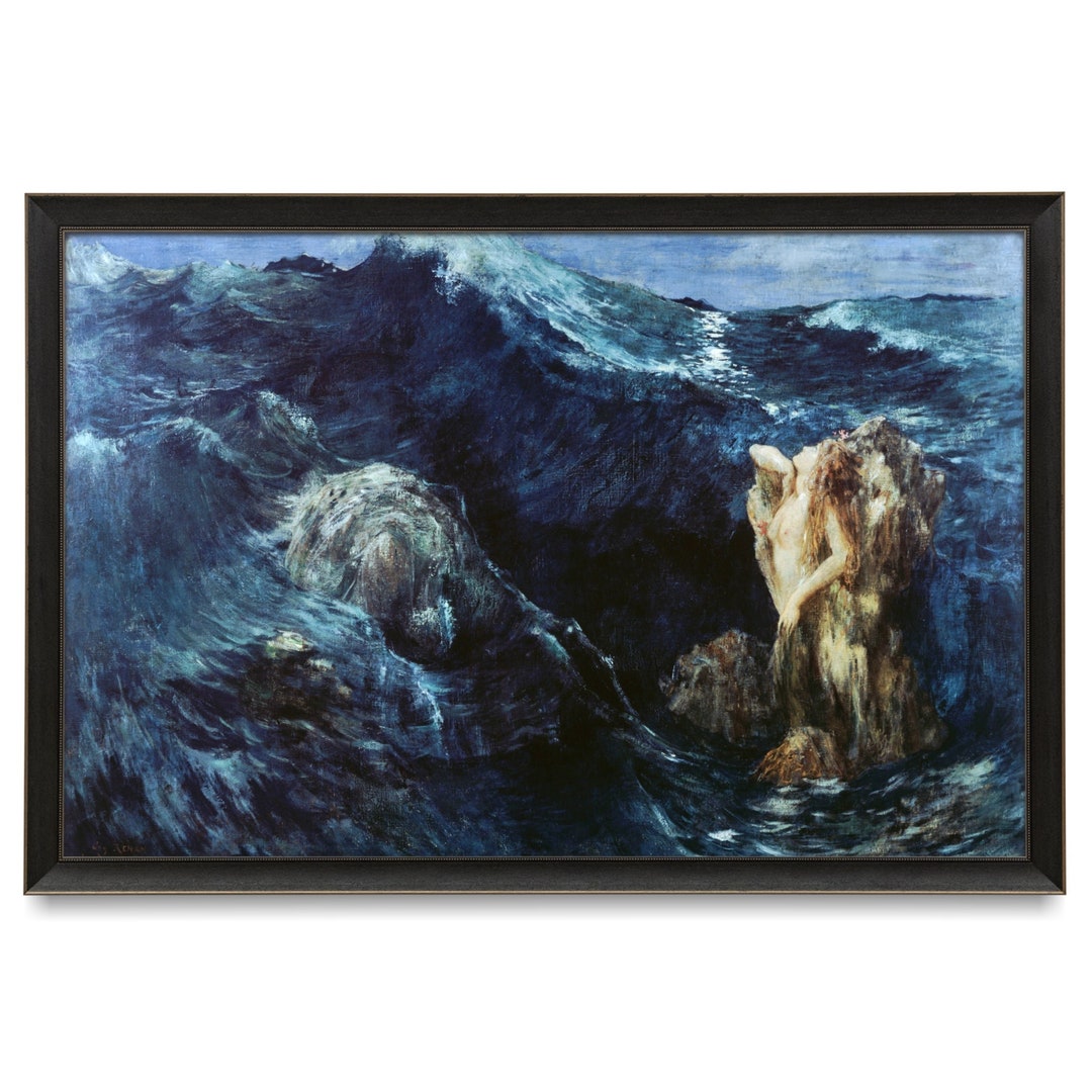Mermaid in Stormy Dark Blue Sea, Antique Painting, High Quality Fine ...