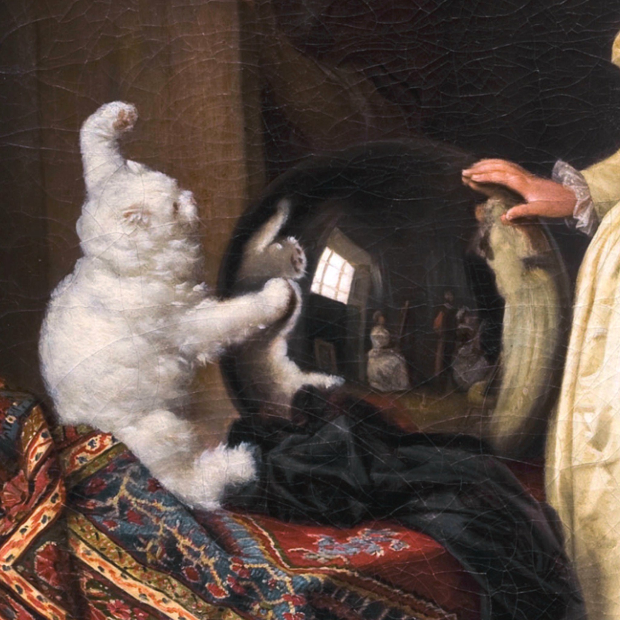 Rococo Crazy Cat Painting, White Cat Antique Art, High Quality Fine Art ...