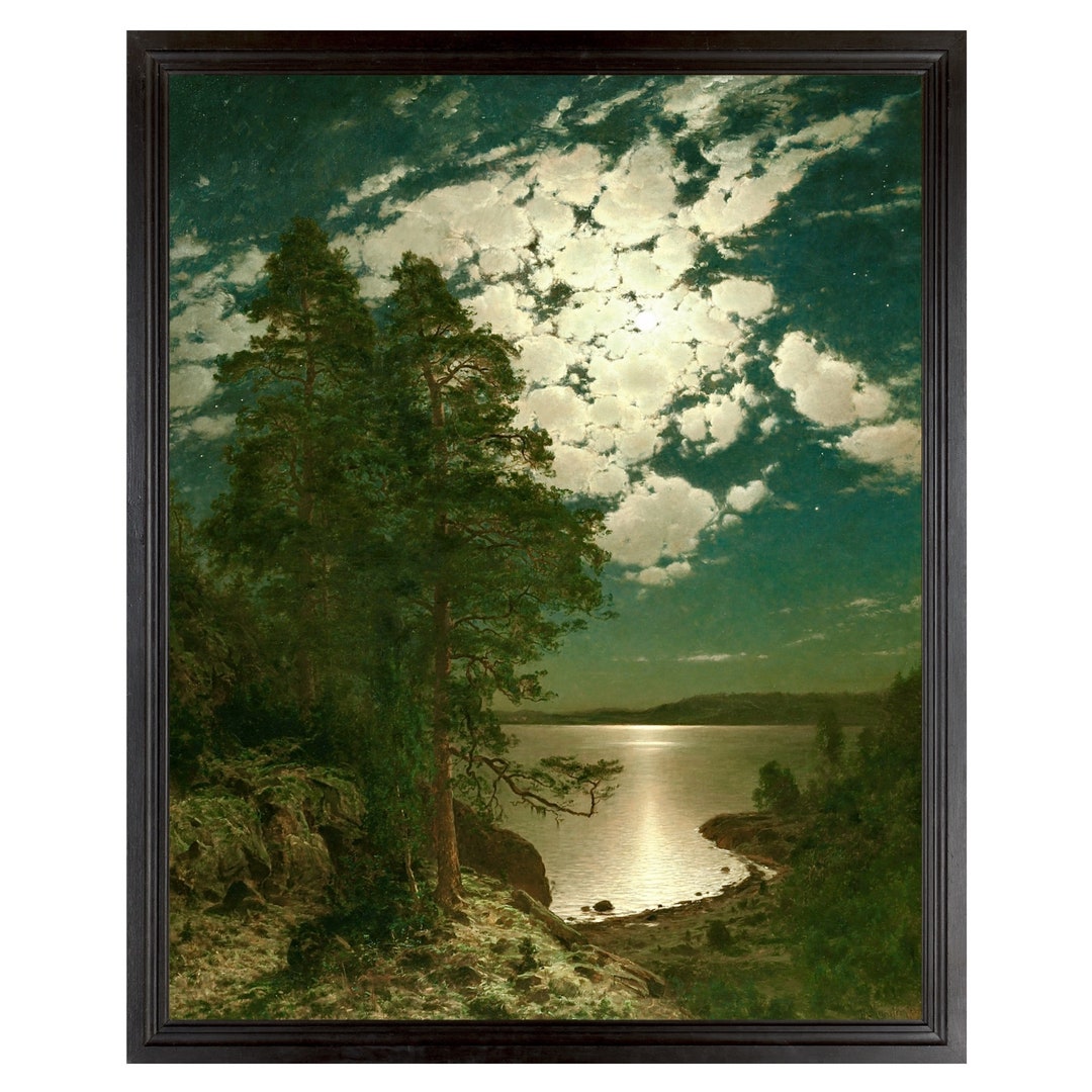 Antique Moonlight Landscape Painting, Full Moon With Clouds, Nocturnal ...