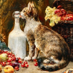 Victorian Still Life With Cat, Fruits and Vegetables Painting Art Print ...
