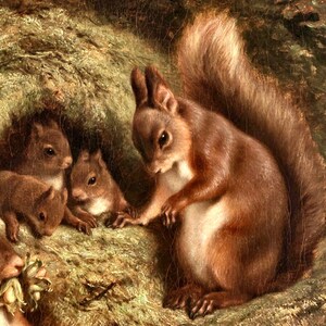 A Scurry of Squirrels, Cute Antique Squirrel Painting, High Quality Art ...