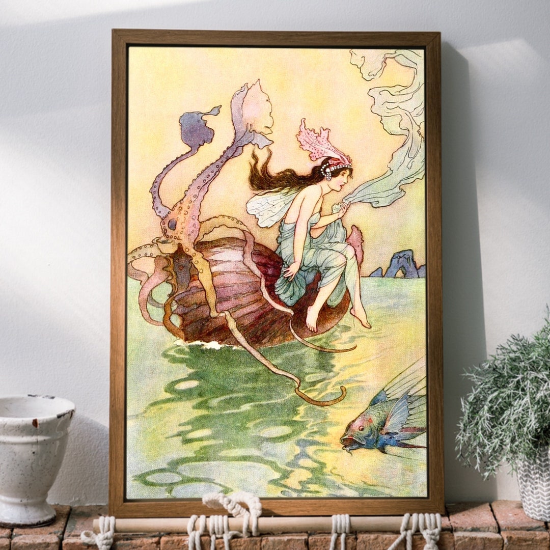 Vintage Fairy Illustration With Octopus, Fairy in Shell Boat, "the ...