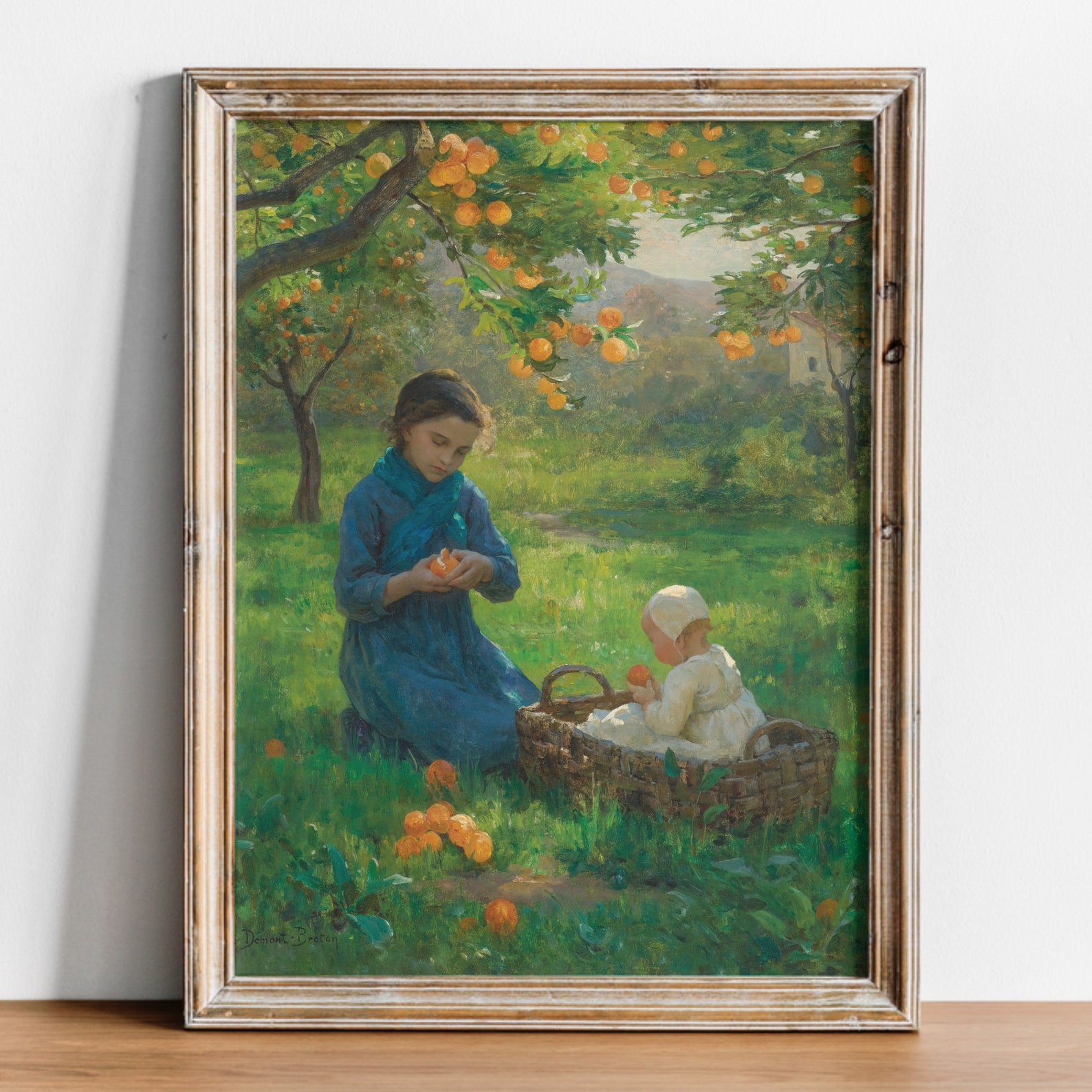 Antique French Painting, Children Under the Orange Trees, Orange Grove ...