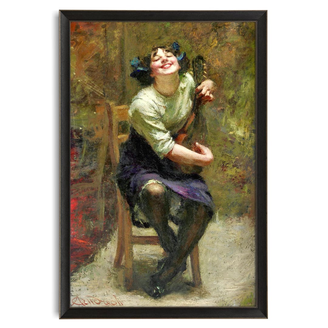 Smiling Girl With Mandolin or Guitar, Italian Early 20th Century Art ...