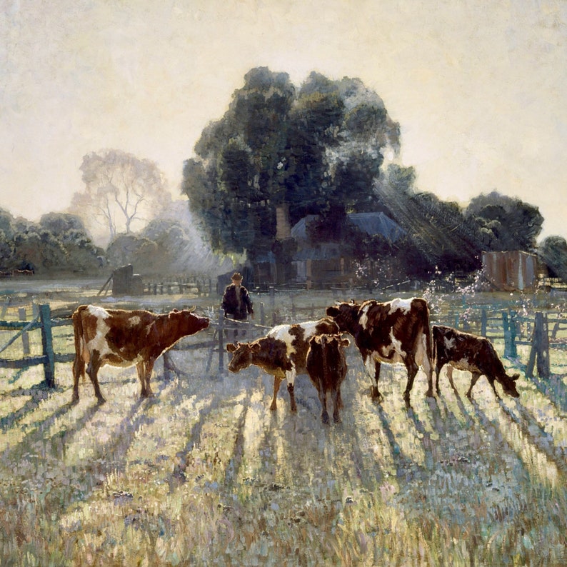 Spring Frost, Vintage Landscape With Cows, Cow Painting, High Quality ...