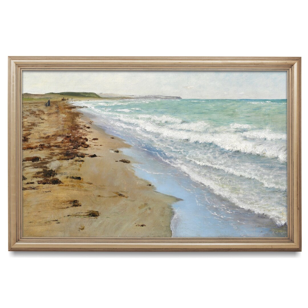 Sandy Beach Painting, Beach at Hellebaek, Denmark, Antique Coast ...