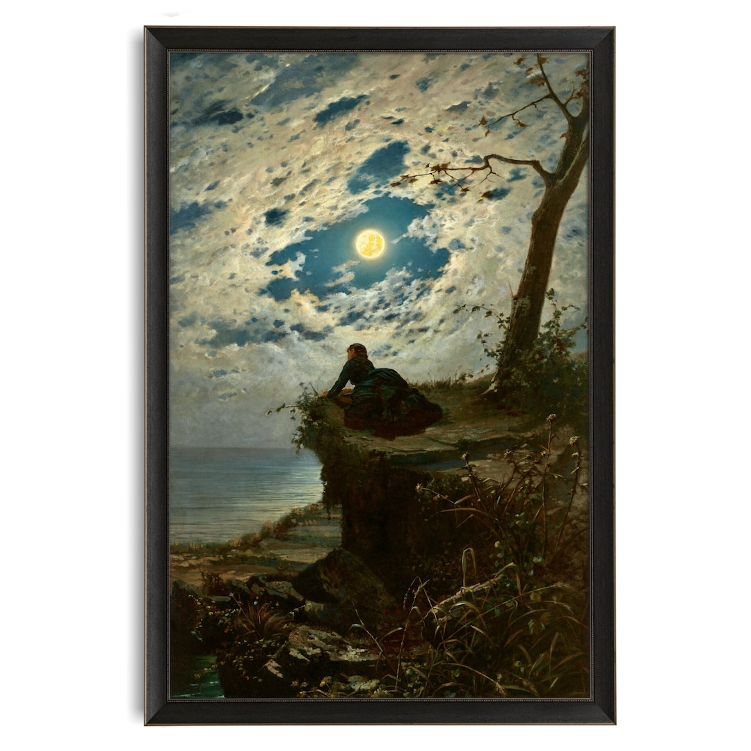 And She Never Returned, Antique Moonlight Landscape Painting, Full Moon ...
