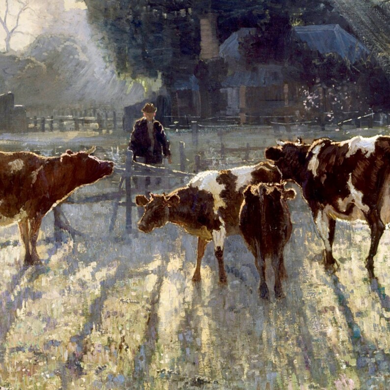 Spring Frost, Vintage Landscape With Cows, Cow Painting, High Quality ...