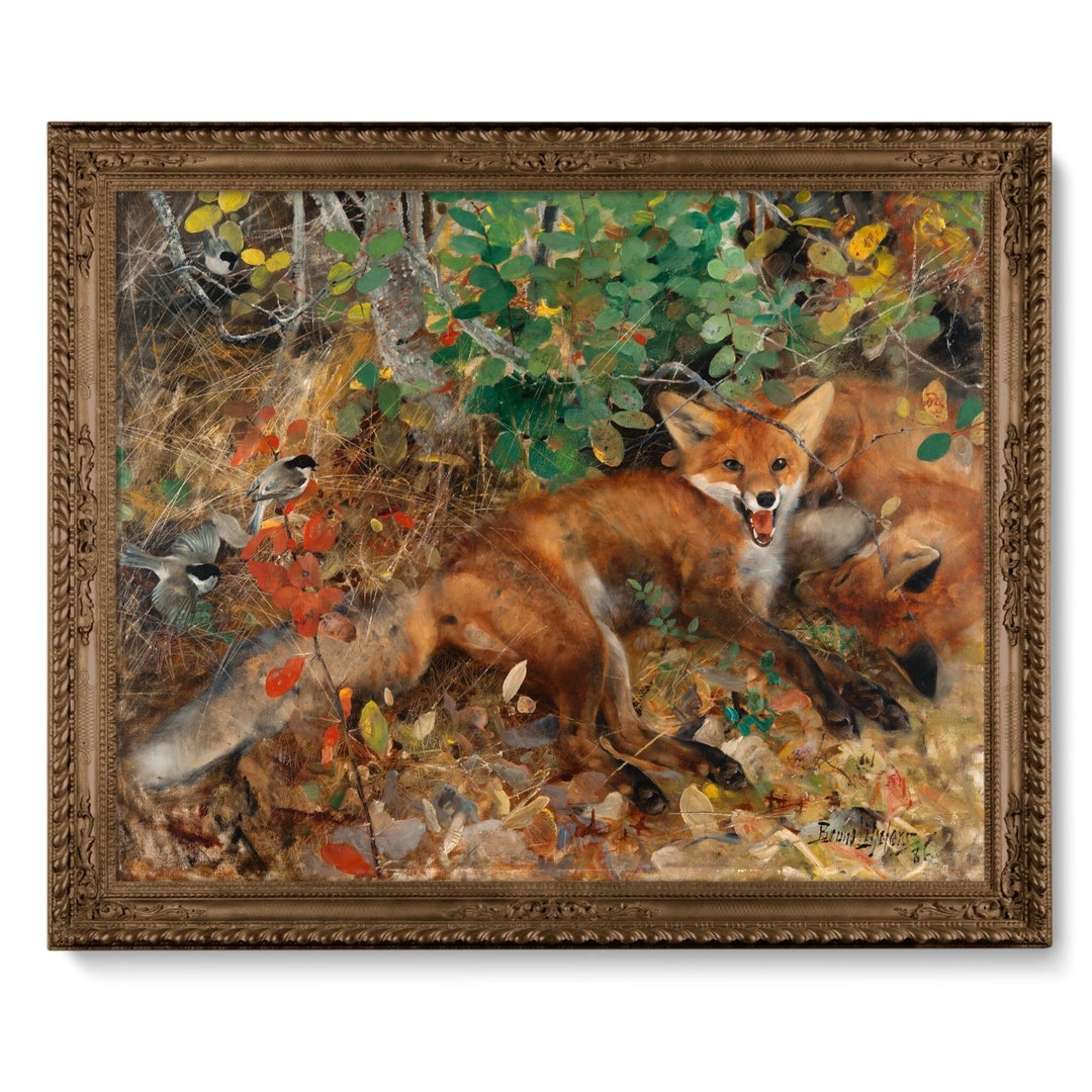 Foxes in the Forest, Vintage Antique Fox Painting, Woodland Animals Art ...