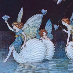 Vintage Antique Fairy Art, Fairies on Shell Boats at Night ...