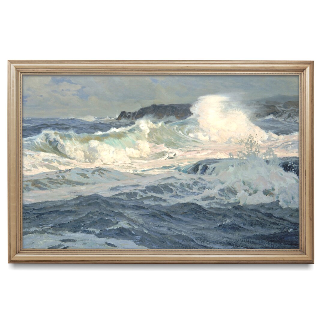 Vintage Stormy Sea Painting, St. Ives, Grey-blue Crashing Waves, High ...